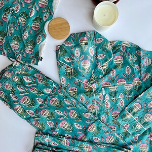 Womens Pure Cotton Block Print Pyjamas, Blue Floral Pj's, Indian Print ...