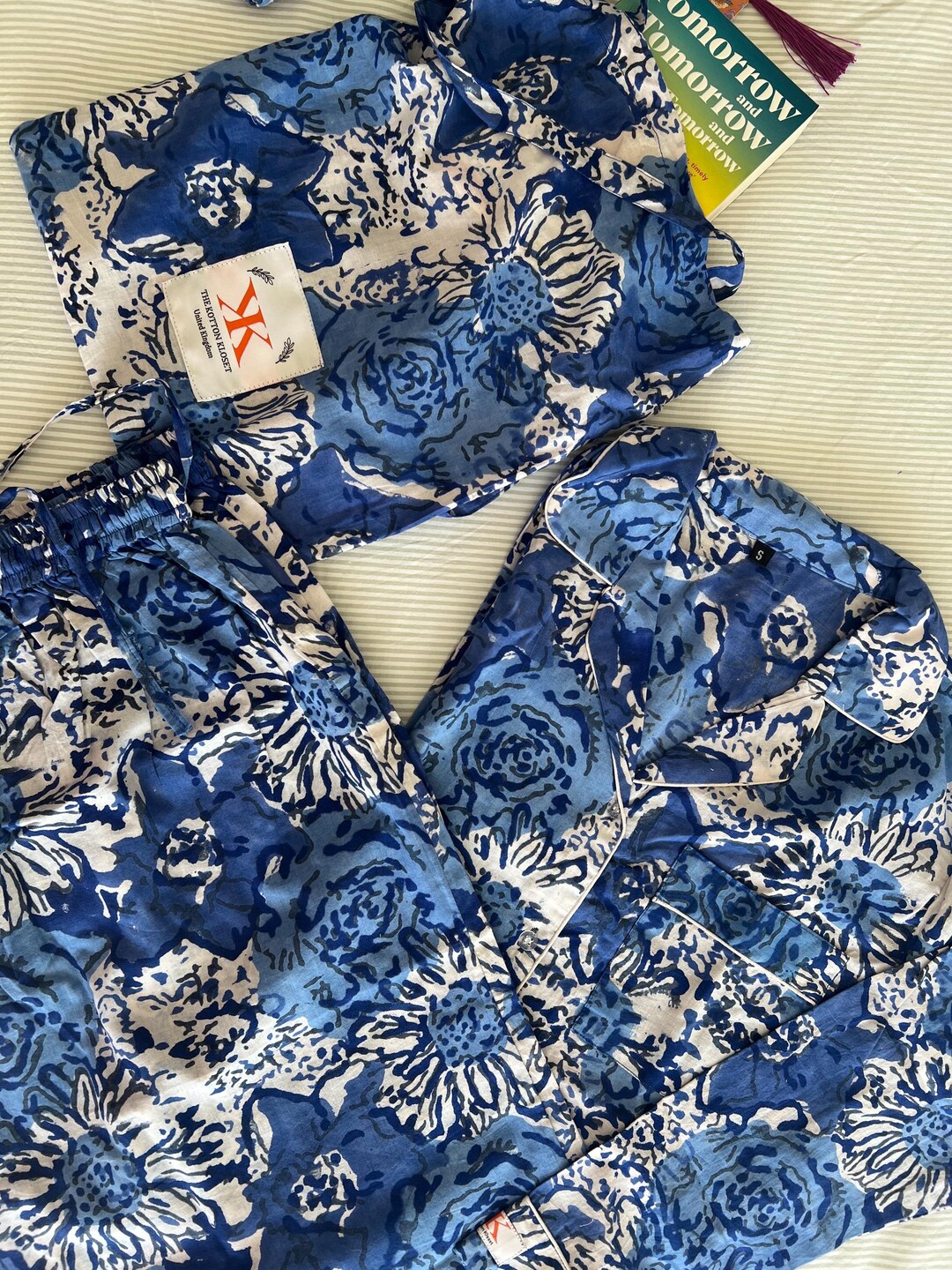 Womens Pure Cotton Block Print Pyjamas, Blue White Floral Pj's, Indian ...