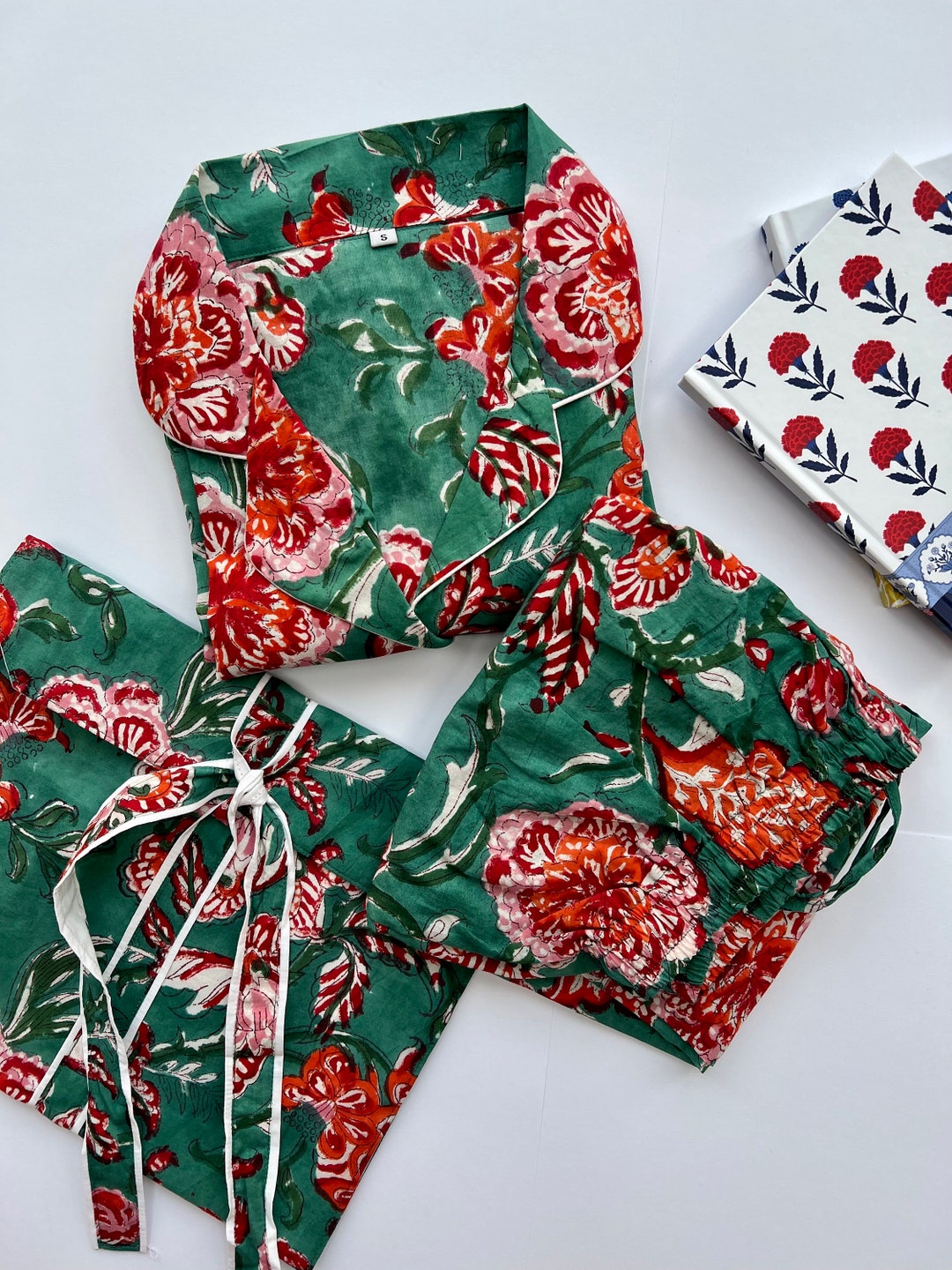 Womens Pure Cotton Block Print Pyjamas Green Floral Pyjama's Indian ...