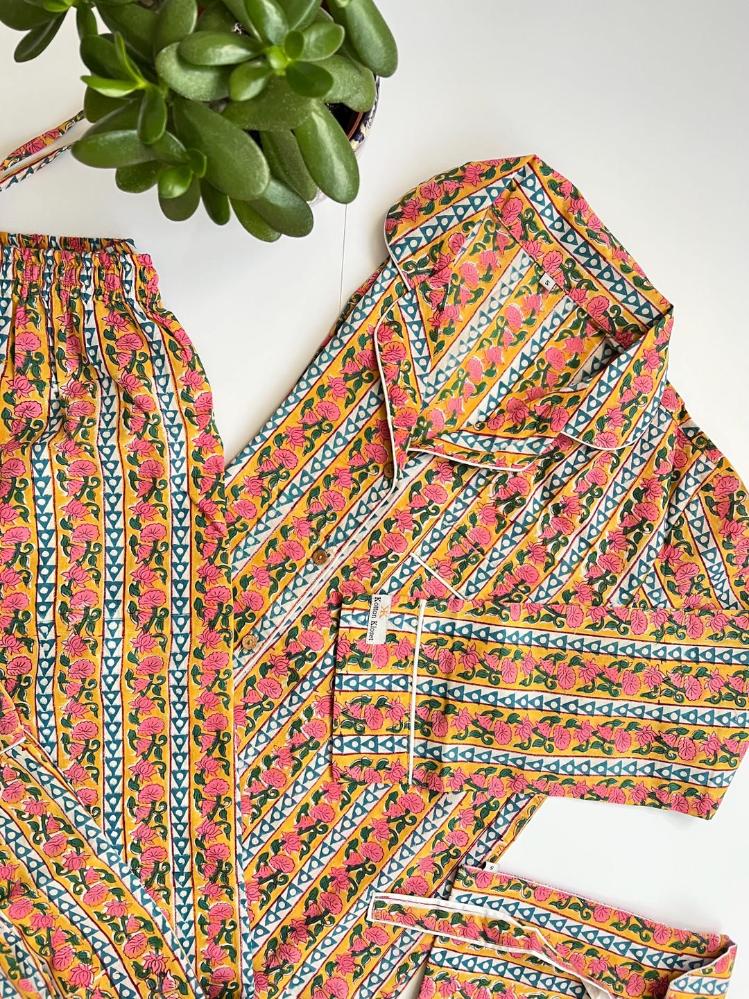 Womens Pure Cotton Block Print Pyjamas, Pink Orange Stripe Pj's, Indian ...