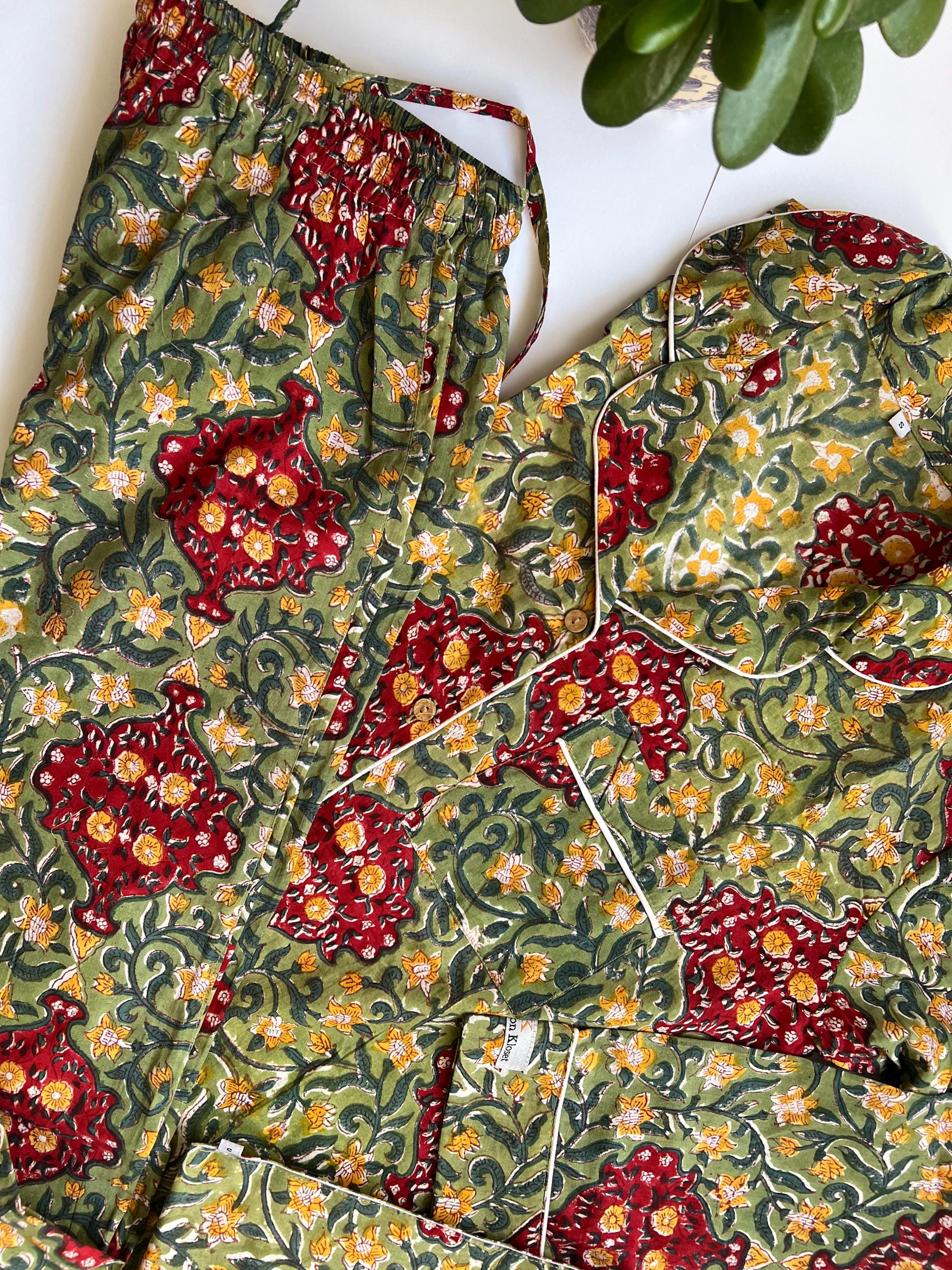Womens Pure Cotton Block Print Pyjamas, Green Floral Pj's, Indian Print ...