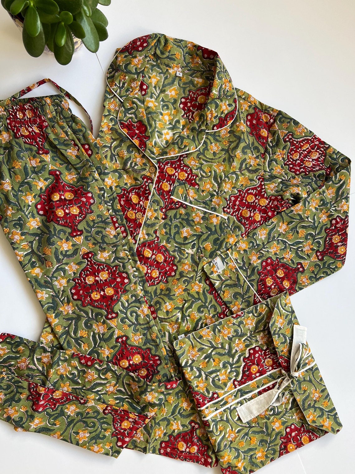 Womens Pure Cotton Block Print Pyjamas, Green Floral Pj's, Indian Print ...