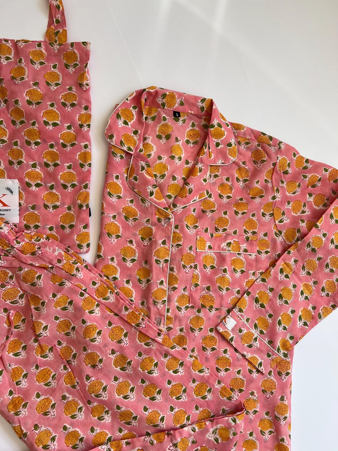 Womens Pure Cotton Block Print Pyjamas, Pink Floral Pj's, Indian Print ...