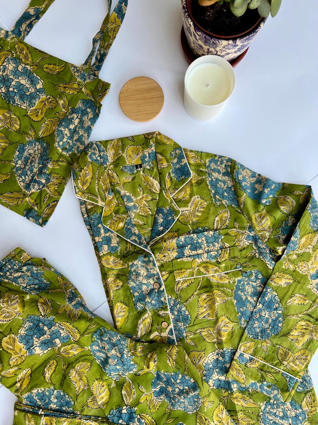 Womens Pure Cotton Block Print Pyjamas, Green Blue Pj's, Indian Print ...
