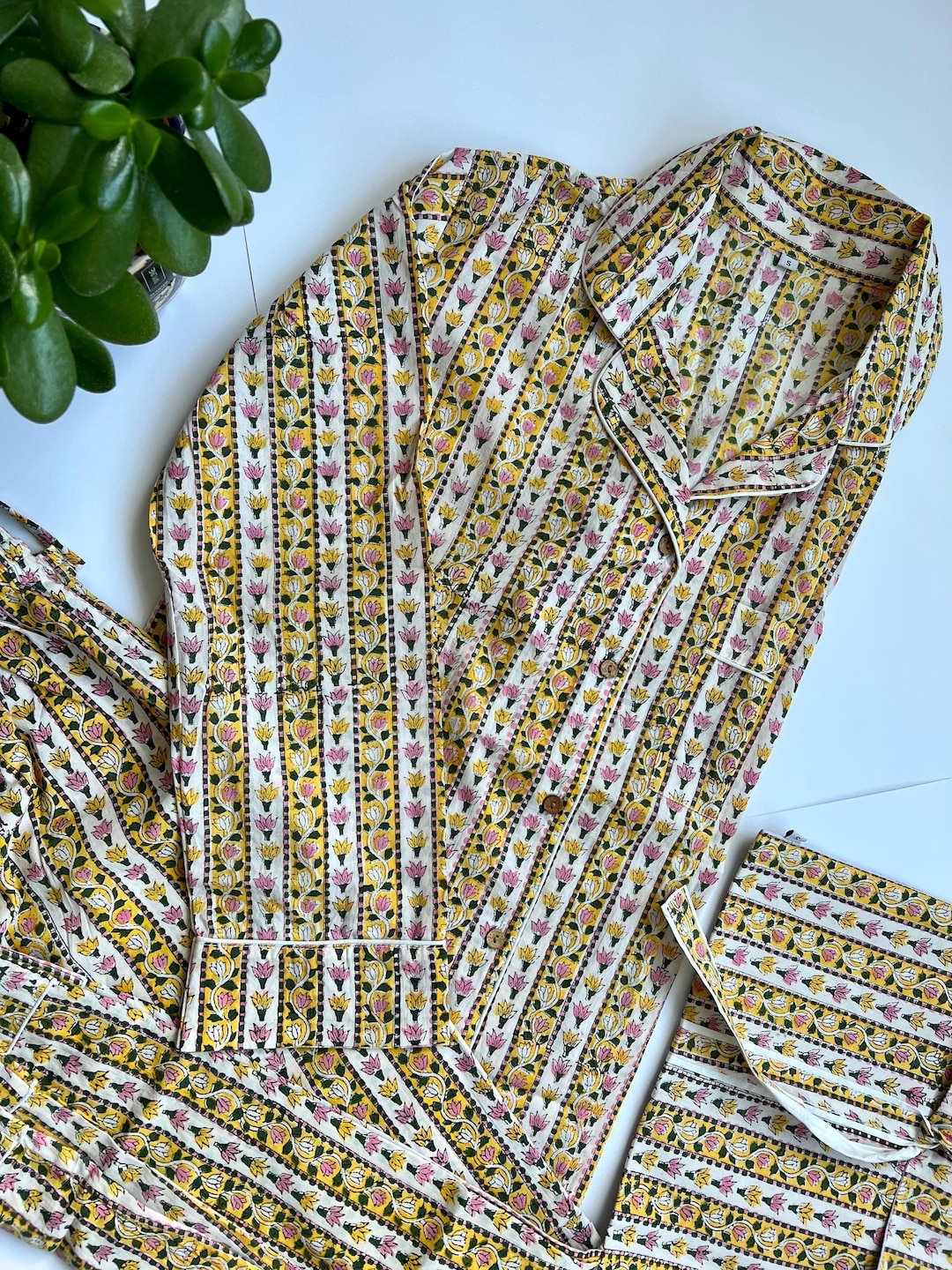 Womens Pure Cotton Block Print Pyjamas, Yellow Stripe Pj's, Indian ...