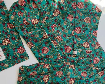 Womens Pure Cotton Block Print Pyjamas Green Floral Pyjama's Indian ...