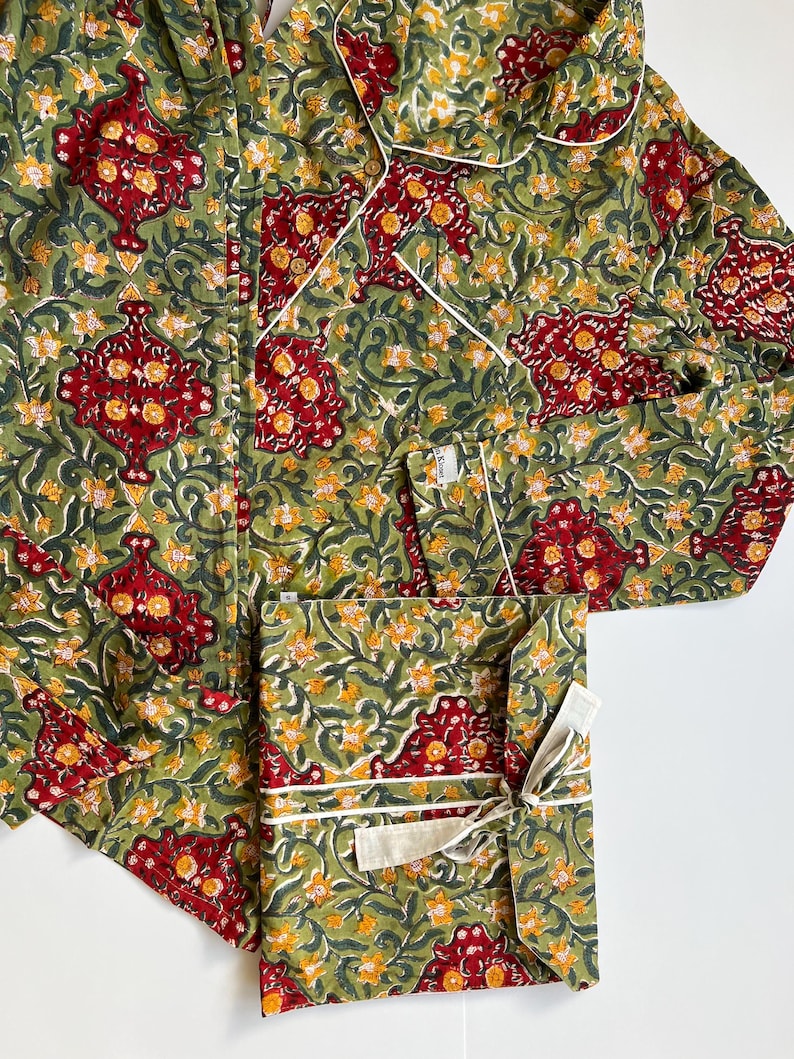Womens Pure Cotton Block Print Pyjamas, Green Floral Pj's, Indian Print ...