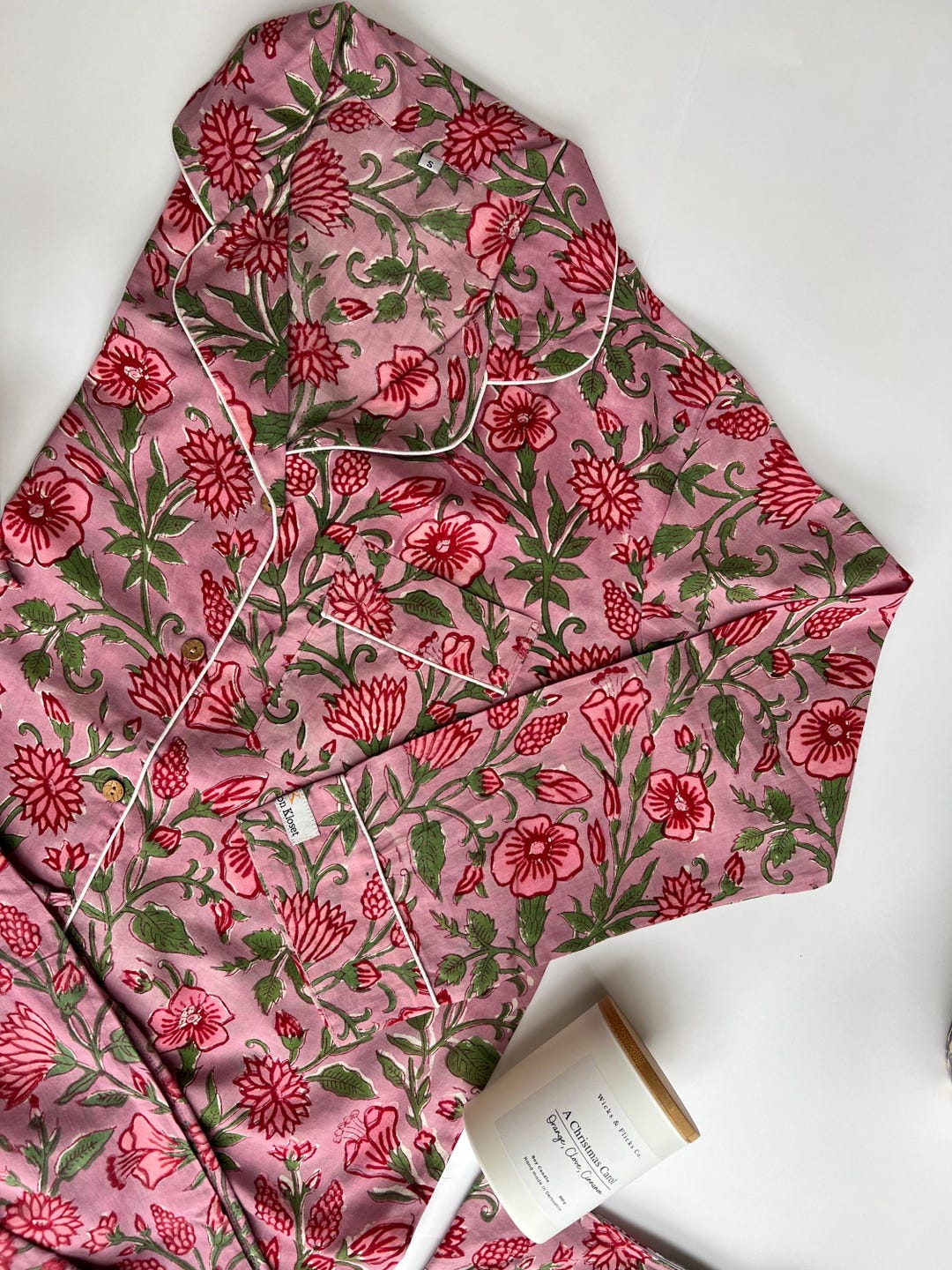Womens Pure Cotton Block Print Pyjamas Dark Pink Floral Pyjama's Indian ...