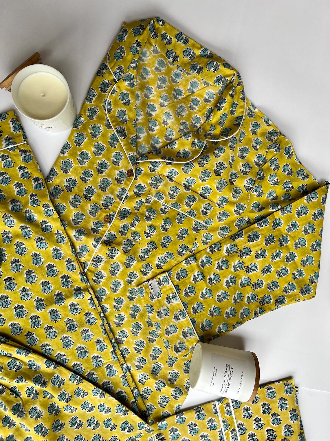 Womens Pure Cotton Block Print Pyjamas Yellow Floral Pyjama's Indian ...