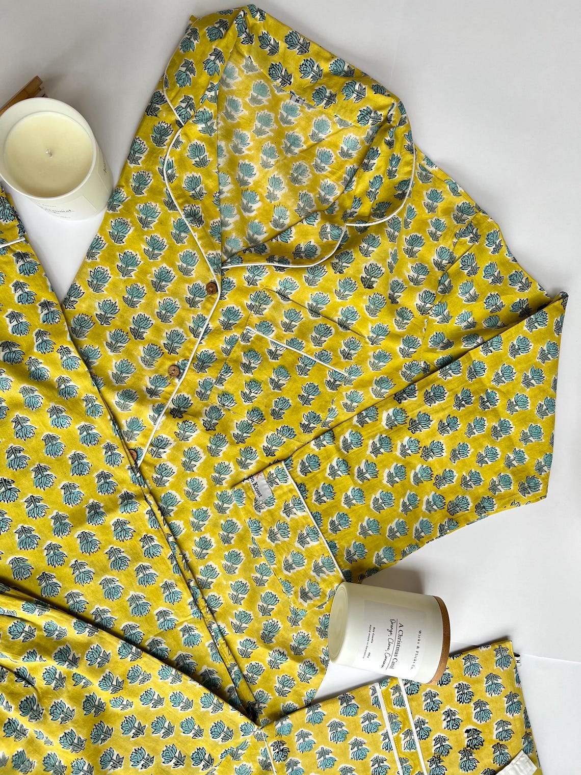 Womens Pure Cotton Block Print Pyjamas Yellow Floral Pyjama's Indian ...