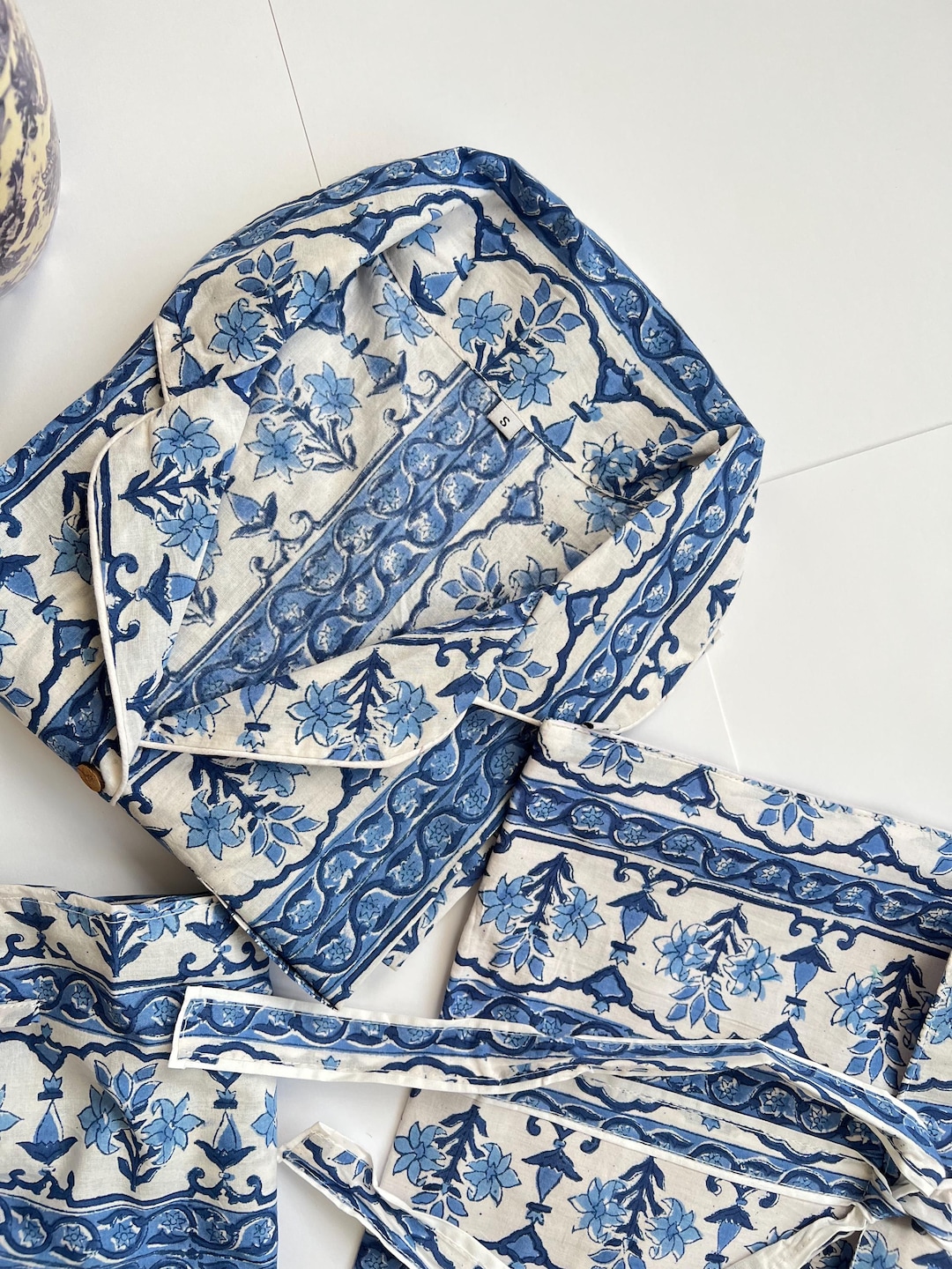 Womens Pure Cotton Block Print Pyjamas Blue White Floral Pyjama's ...