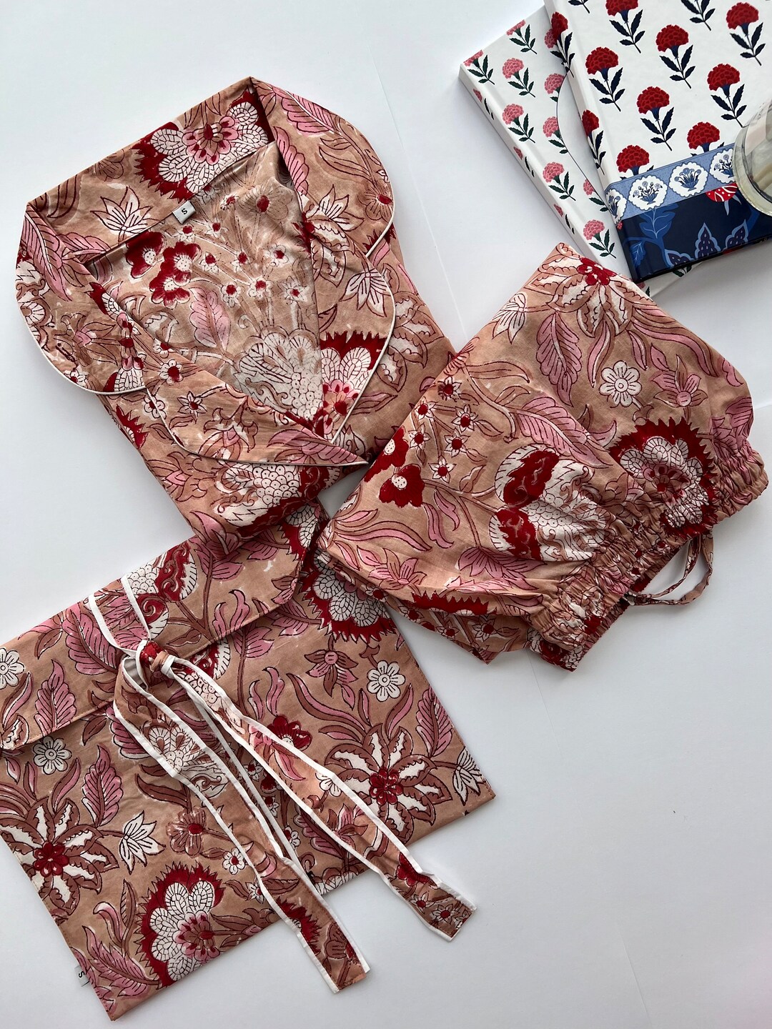 Womens Pure Cotton Block Print Pyjamas Dusty Rose Floral Pyjama's ...