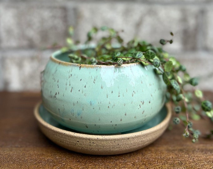 Ceramic Planter, Wheel Thrown Planter, Succulent Pot, Turquoise Green ...