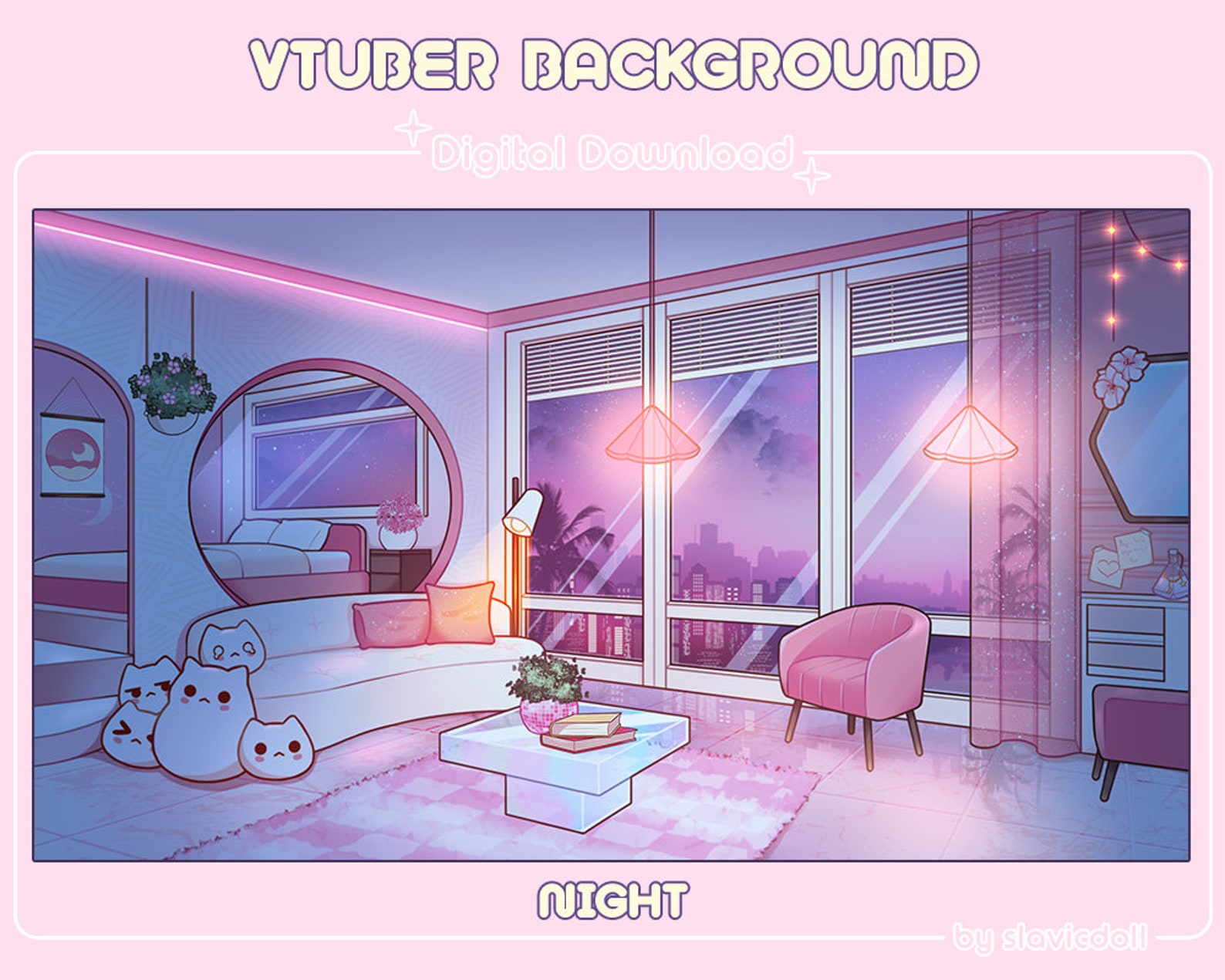 Pink Dream Vtuber Background Room Day Night | Twitch | Streamer Virtual ...