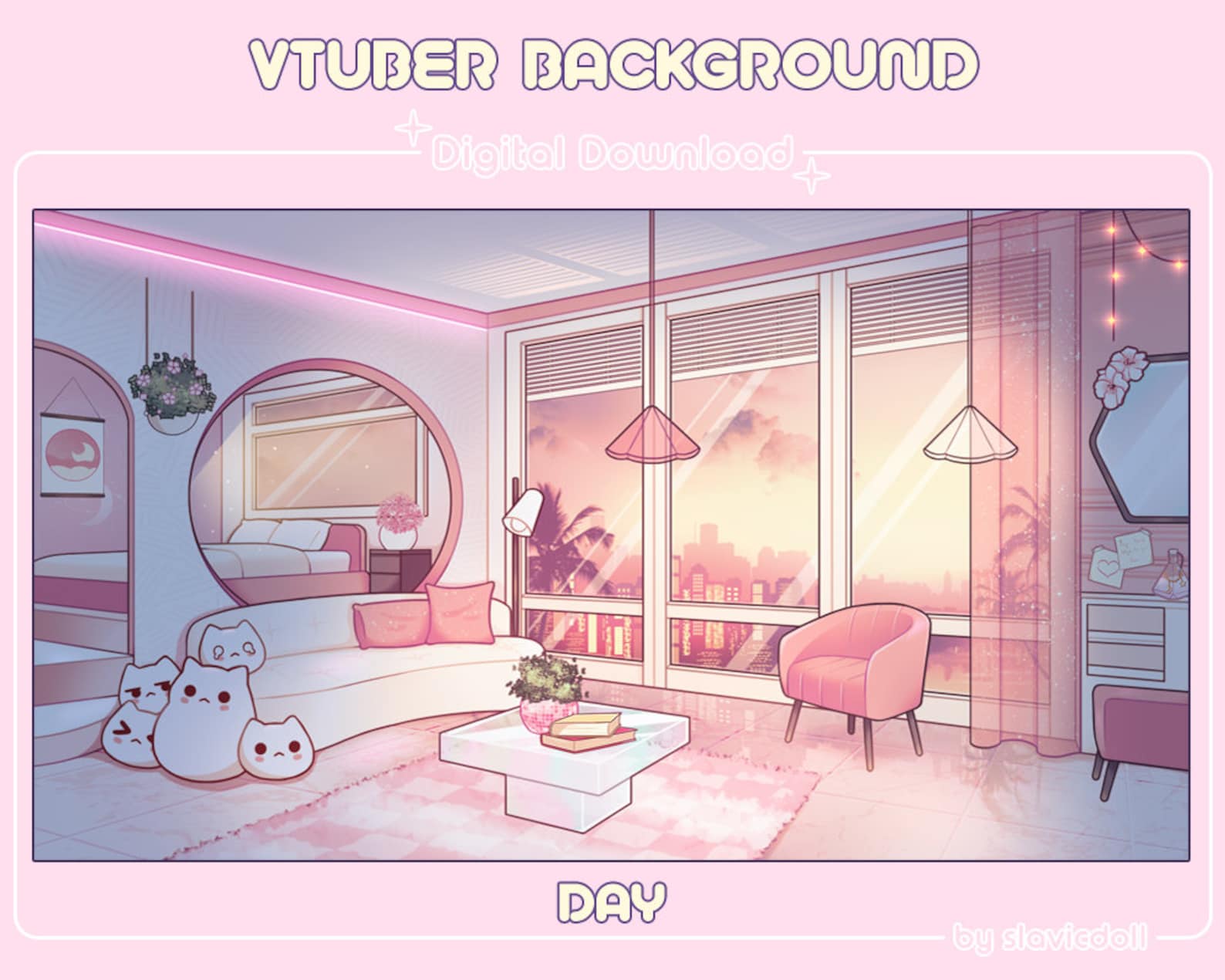 Pink Dream Vtuber Background Room Day Night | Twitch | Streamer Virtual Bedroom | Lo-fi ...