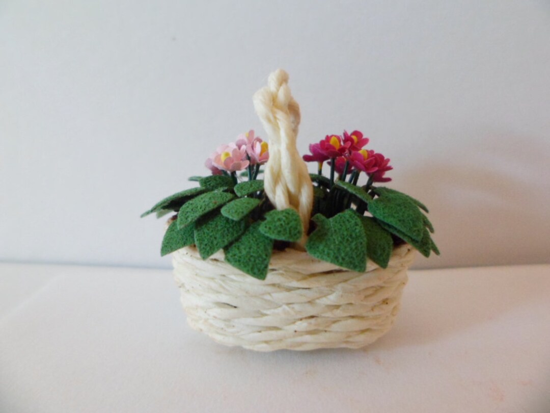 African Violet, Magenta/light Pink, in a Basket 1" Dollhouse Scale ...