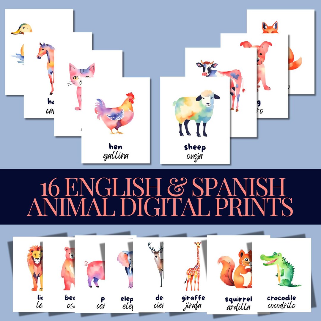 Bilingual Animal Prints: English & Spanish Learning Wall Art (digital ...