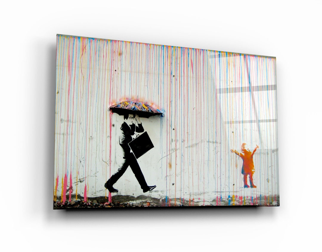 Banksy Umbrella Man Rainbow Rain Glass Printing Wall Art Graffiti Home Decor Office