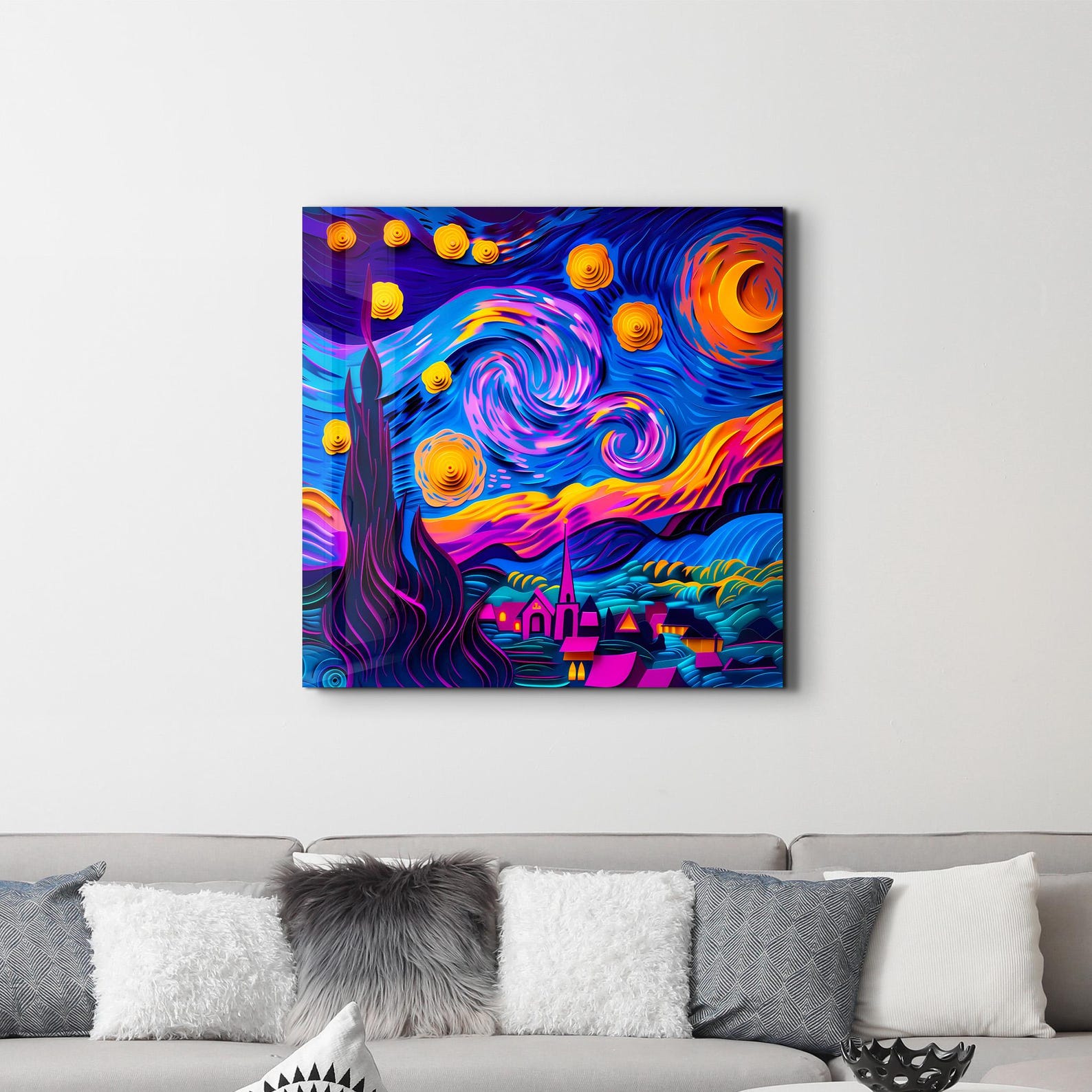 Neon Starry Night Glass Wall Art: Luminous Van Gogh Style - Etsy