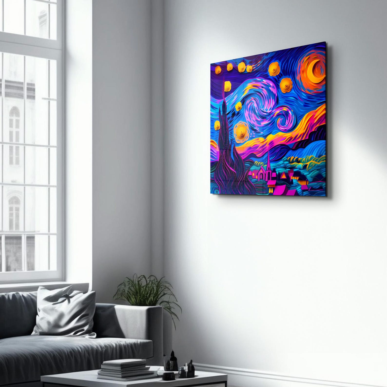 Neon Starry Night Glass Wall Art: Luminous Van Gogh Style - Etsy