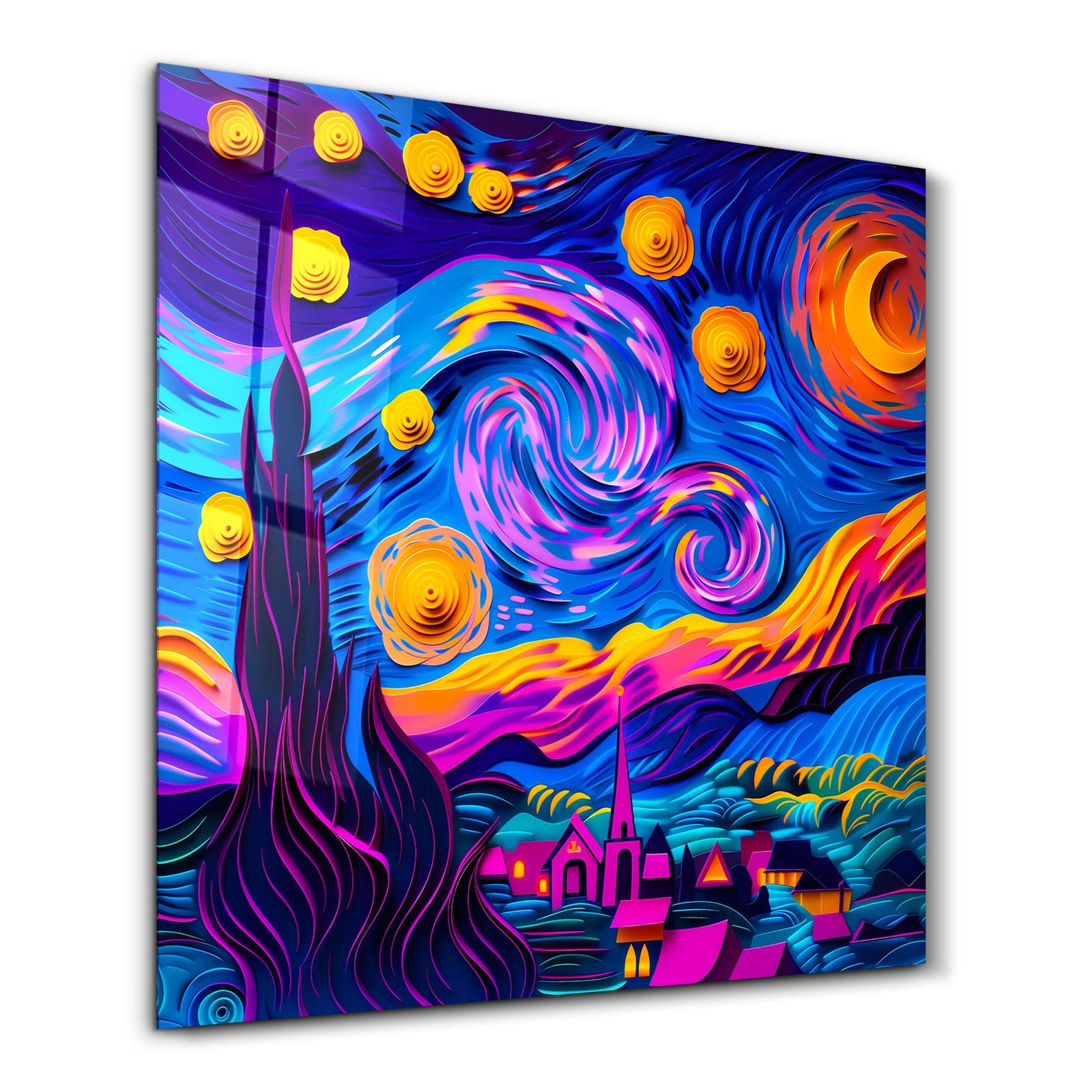 Neon Starry Night Glass Wall Art: Luminous Van Gogh Style - Etsy