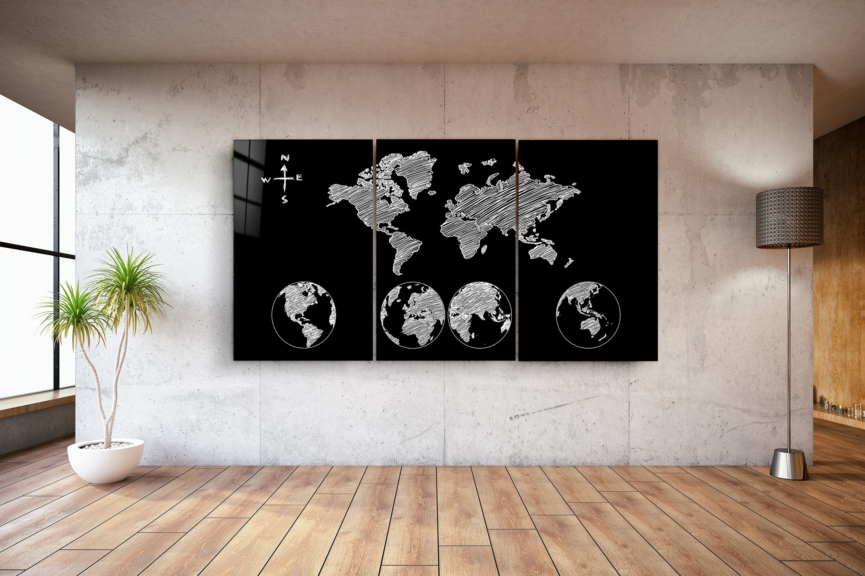 Black World Map Mega Size Glass Printing Wall Arts for Big - Etsy