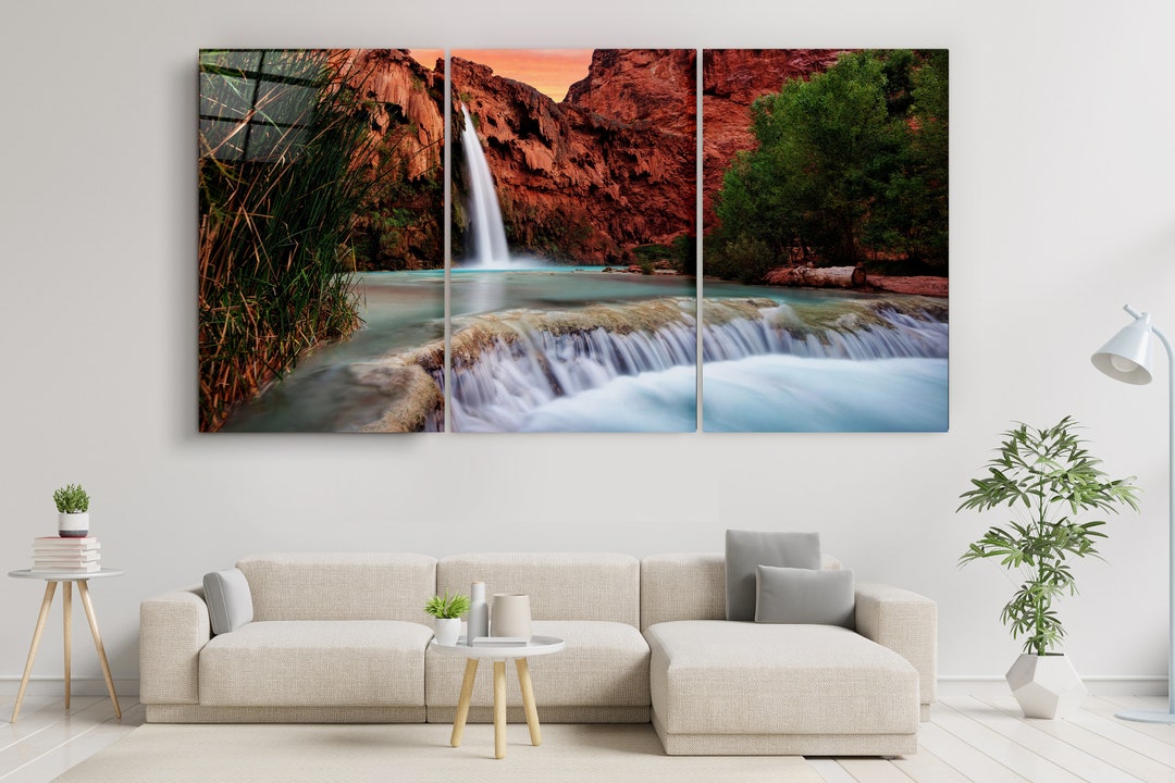 Waterfall Trio Mega Size Glass Printing Wall Arts for Big Walls Home ...