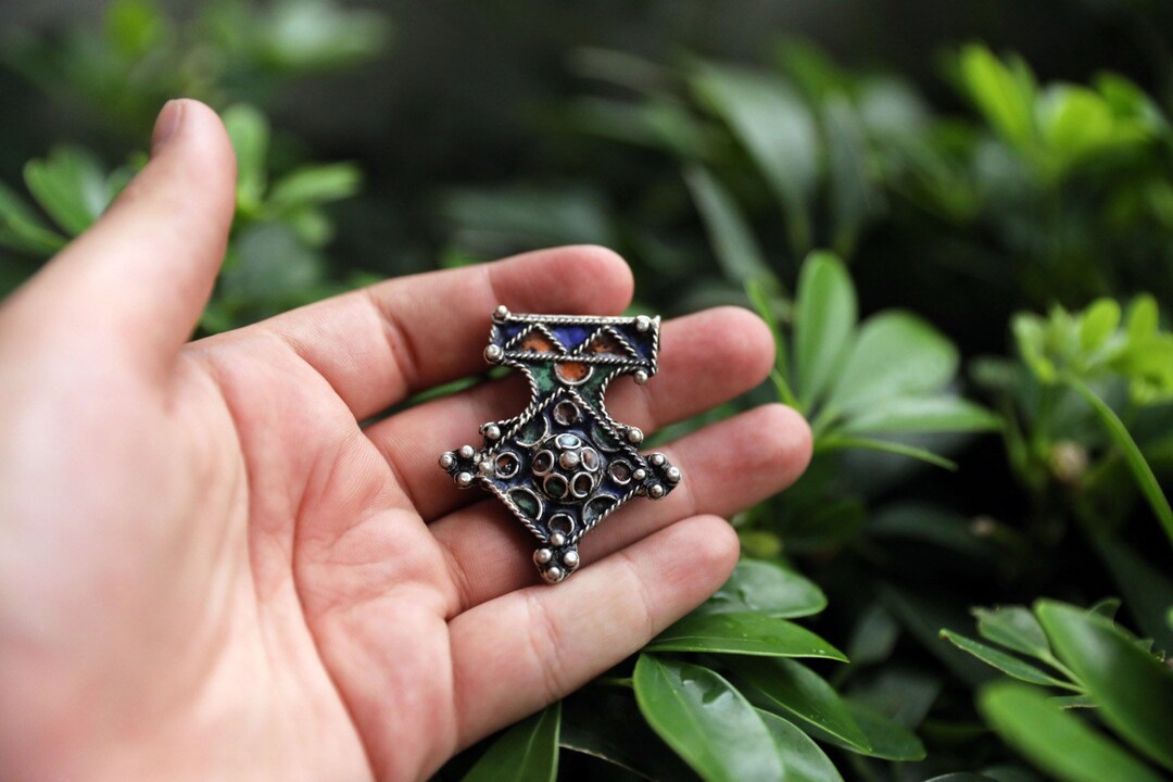 Antique Enamel Berber Silver Cross Pendant Moroccan Ethnic Tribal ...