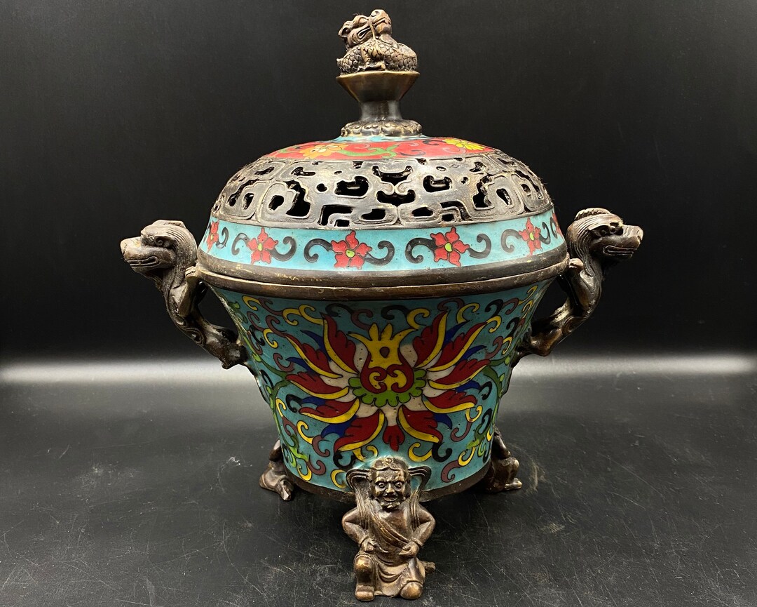 Most Beautiful Old Chinese 3 Chinese Man Figure Enamel Bronze Incense ...