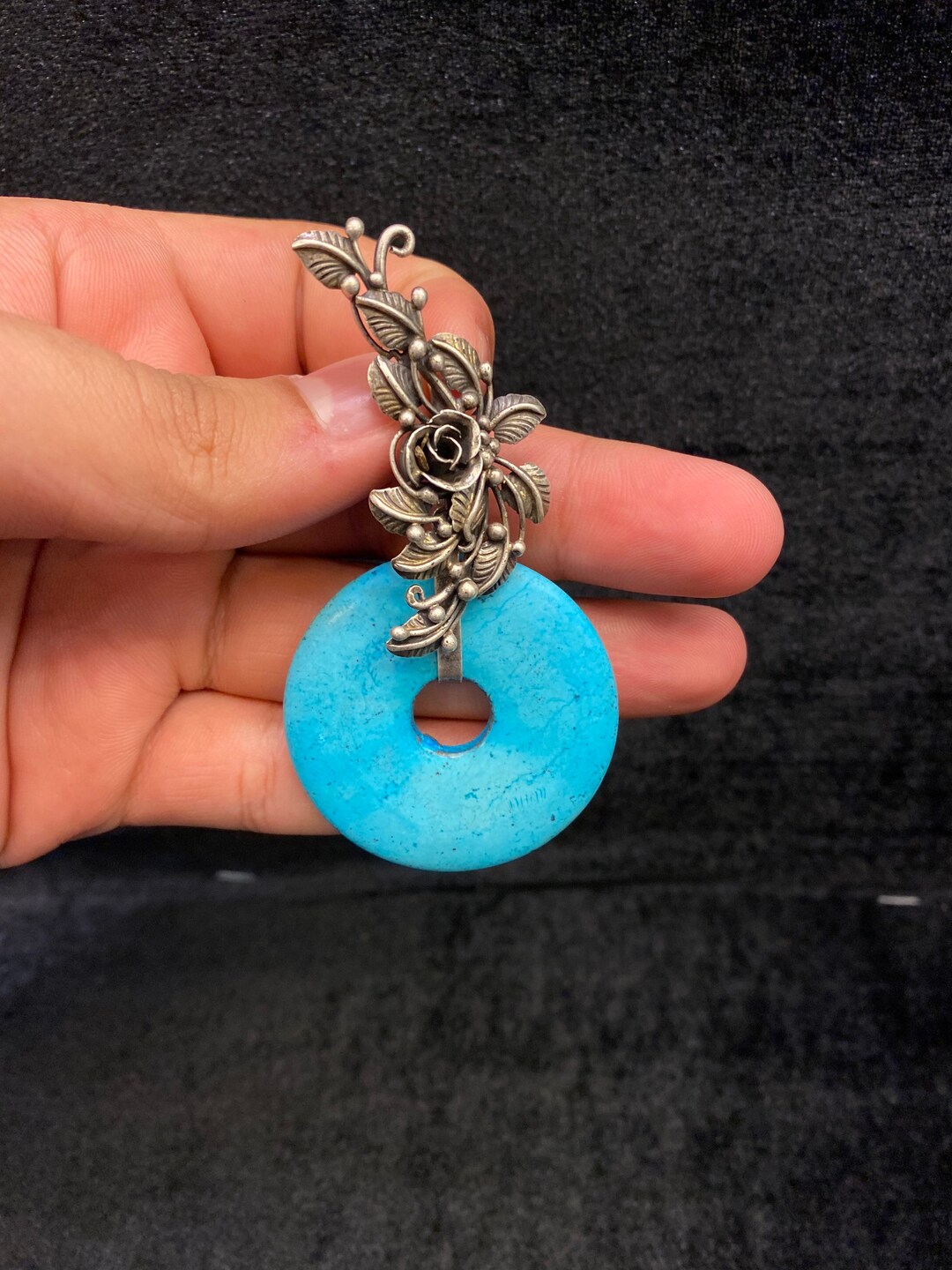 Handmade Turquoise Donut Pendant, Floral Silver Unisex Charm - Etsy