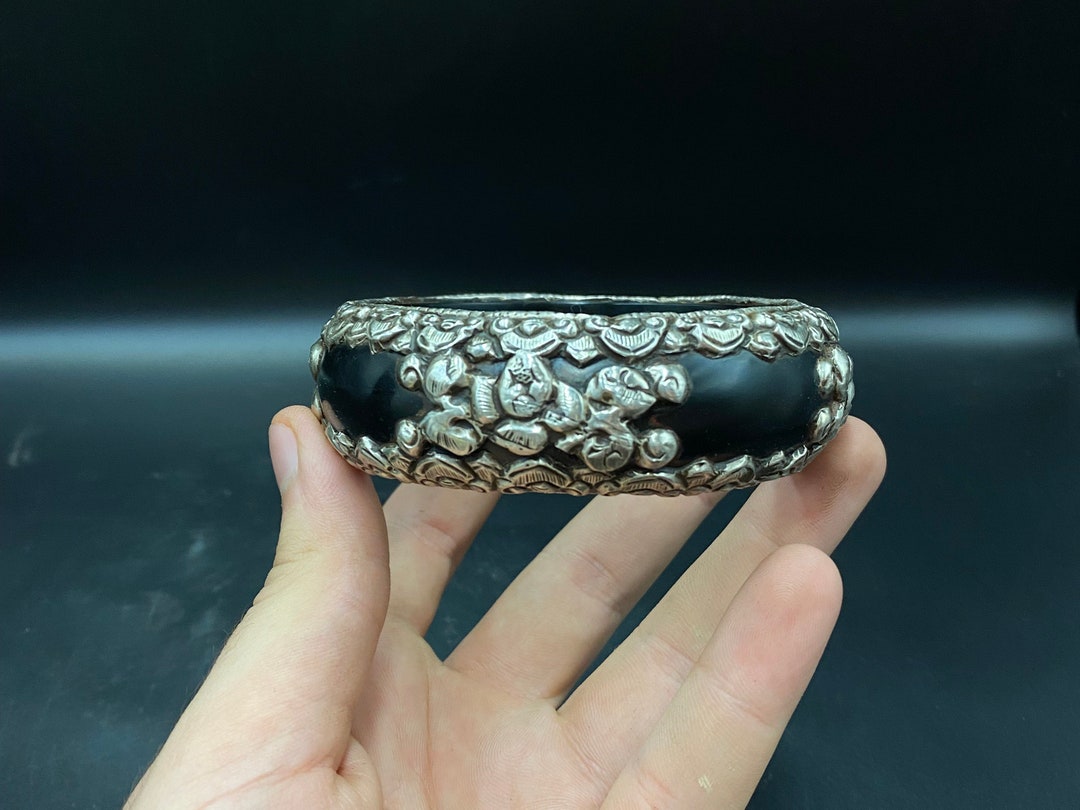 Tibetan Bangle, With Animals Inlayed on Silver Bracelet, Black Press ...