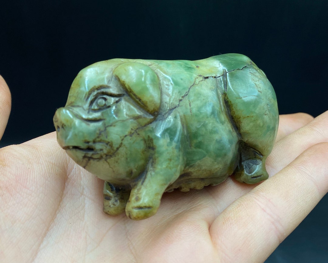 Ancient Old Mongolian Natural Jade Carved Pig Chinese Green White Jade ...