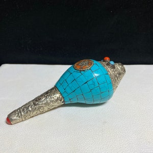 Vintage Tibetan Dung-dkar Conch Shell Horn Silver Repousse & Inlay ...