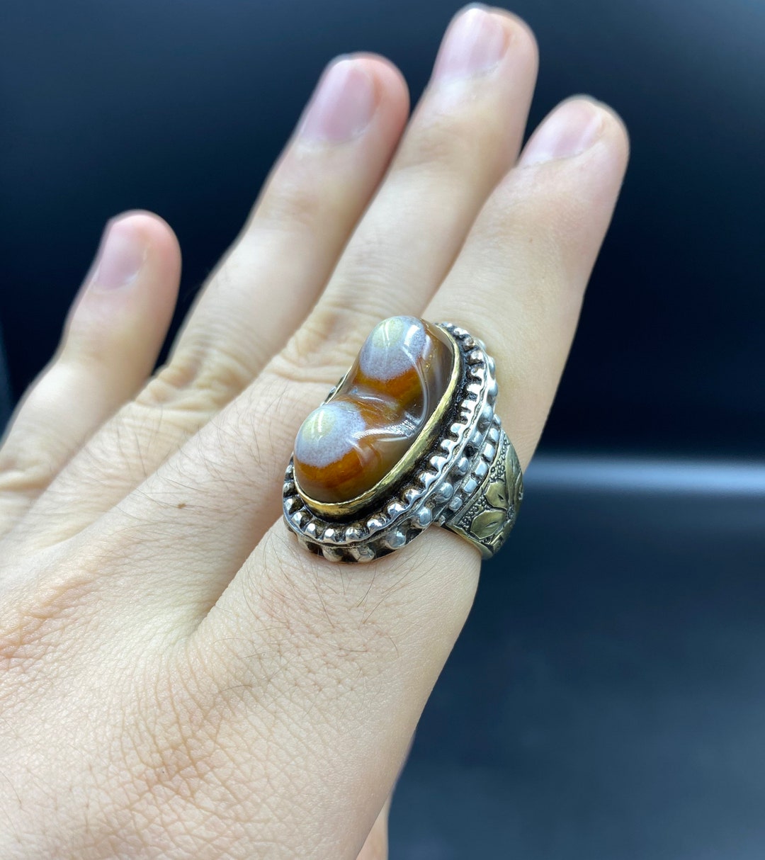 Tibetan Agate Dzi Bead Ring, Gilded Silver, Size 6 US - Etsy