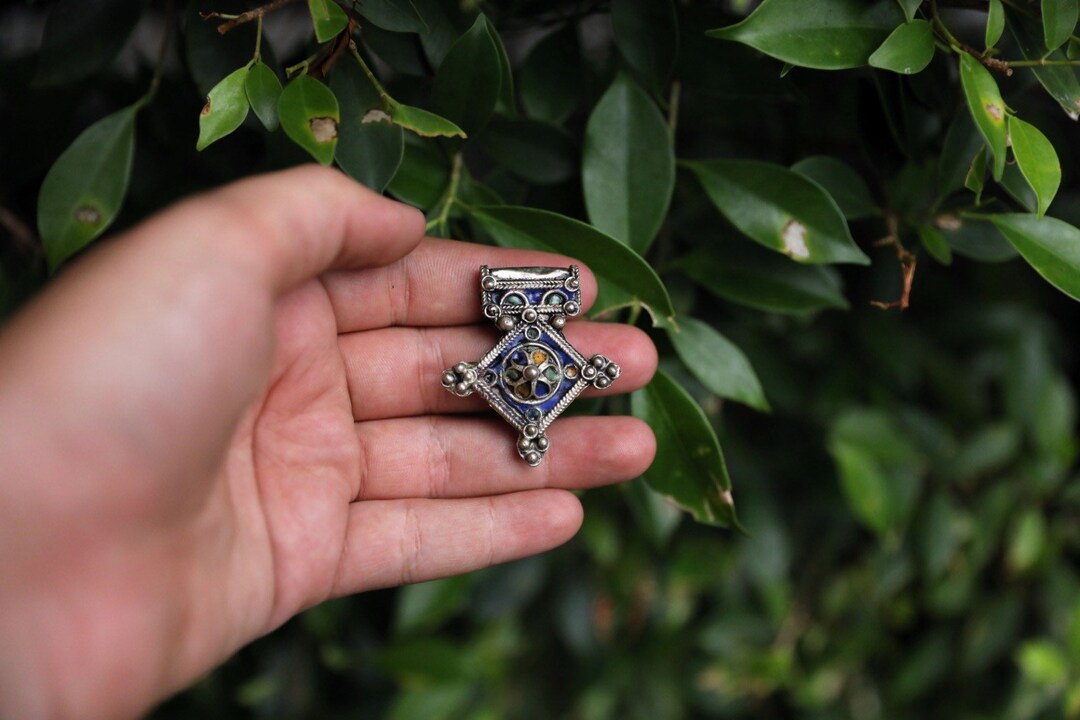 Antique Berber Silver Cross Pendant: Moroccan Enamel Jewelry - Etsy