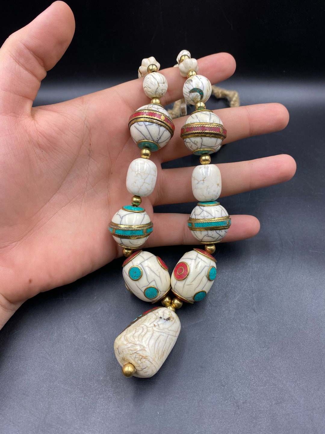 Vintage Rare Tibetan Sacred Chank Shell Dask Bead Necklace With ...