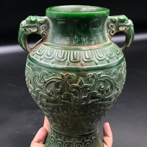 Old China Green Jade Carving Dragon Head Holders Flower Pot With ...