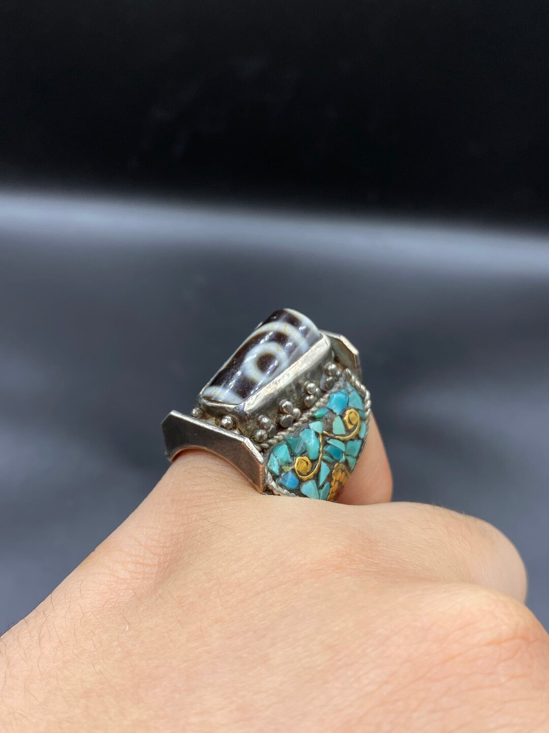 Tibetan Dzi Bead Silver Ring, Turquoise Agate Inlay, Ethnic Jewelry ...