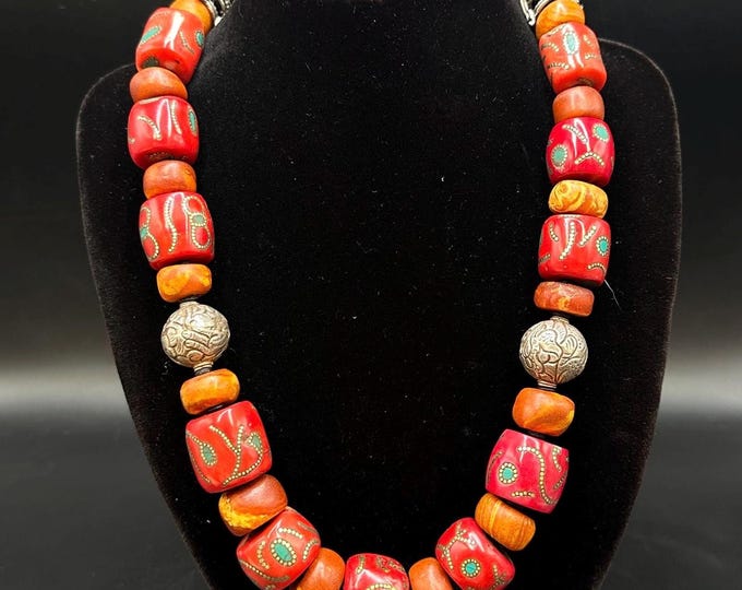 Most Beautiful Long Old Natural Coral Beads Necklace With Tibetan ...
