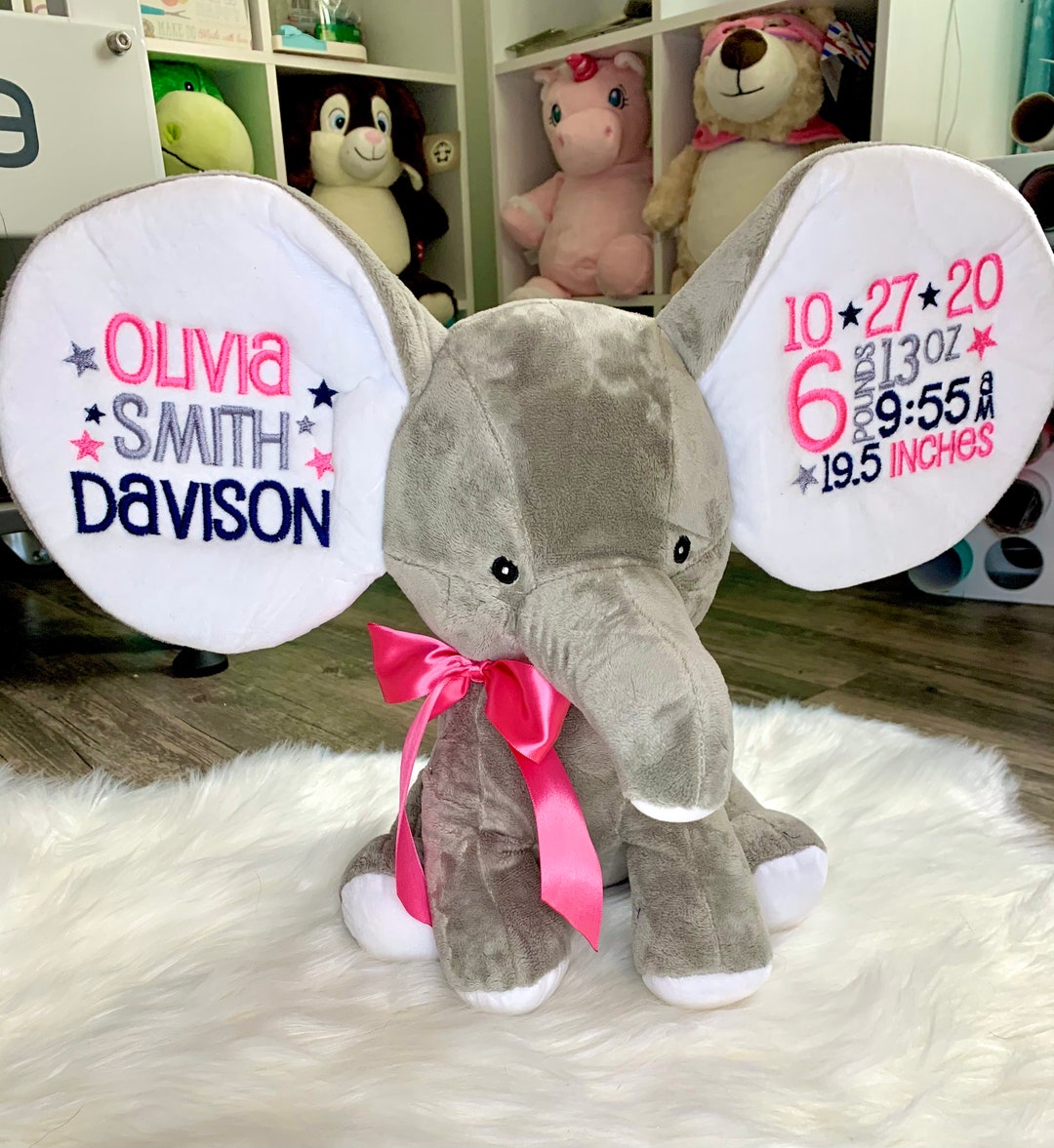 Elephant Birth Stat Stuffy, Embroidered Elephant, Baby Shower, Baby ...