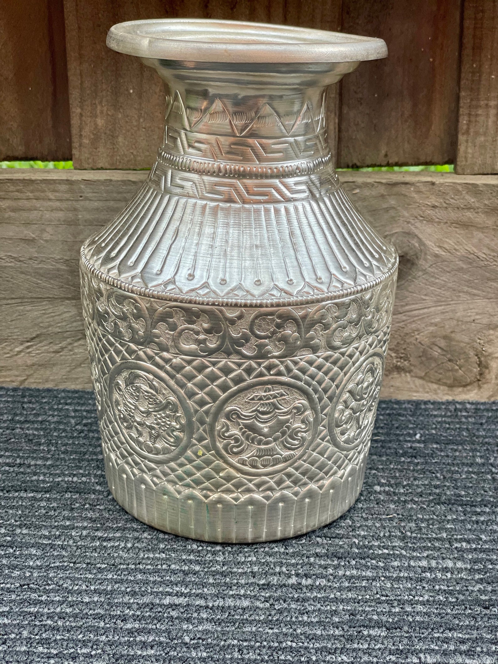 Silver Plated Ashtamangala Pooja Kalash Copper Flowerpot Vase Tama Puja ...