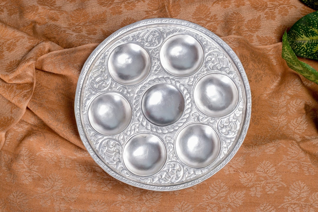 Silver Plated Sapta Pala Copper Pooja Thali Plate | Hand Carved Tika ...
