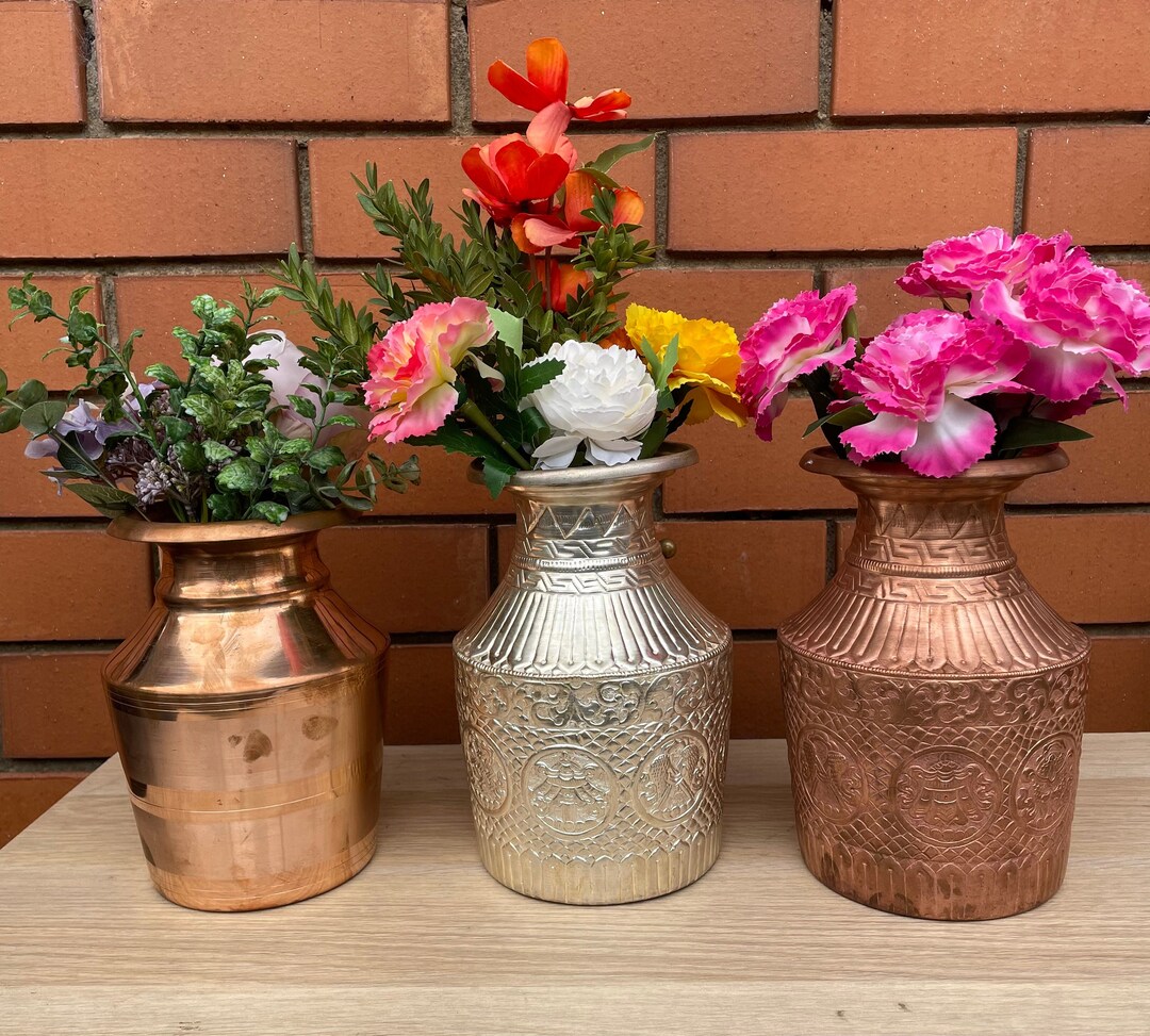 Silver Plated Copper Ashtamangala Flower Vase Tama Puja Kalash Pooja ...