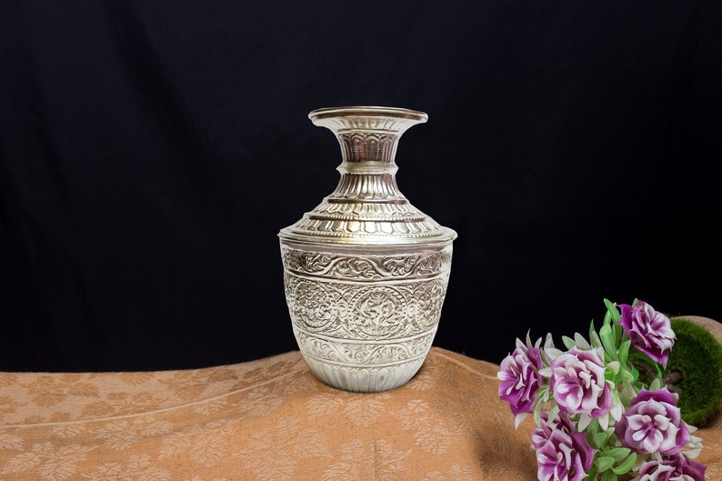 Silver Plated Ashtamangala Pooja Kalash Copper Flowerpot Vase Tama Puja ...