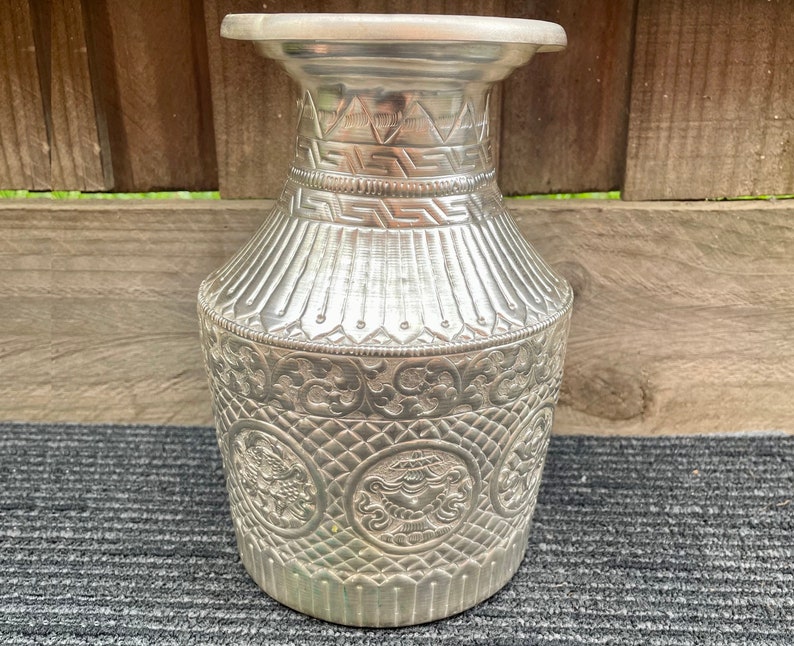 Silver Plated Ashtamangala Kalash for Pooja & Rituals Copper Flowerpot ...