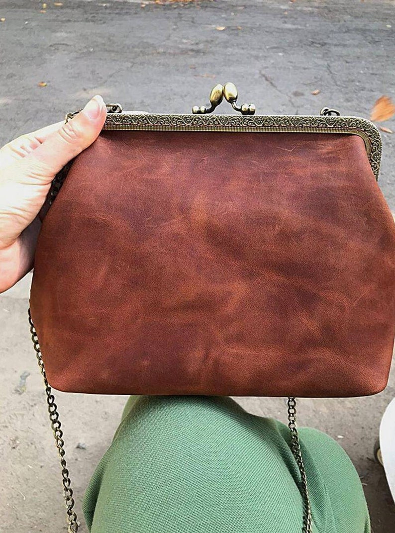 HANDMADE Leather Brown / Cognac Handbag "vintage" | Kiss Lock Frame Bag ...