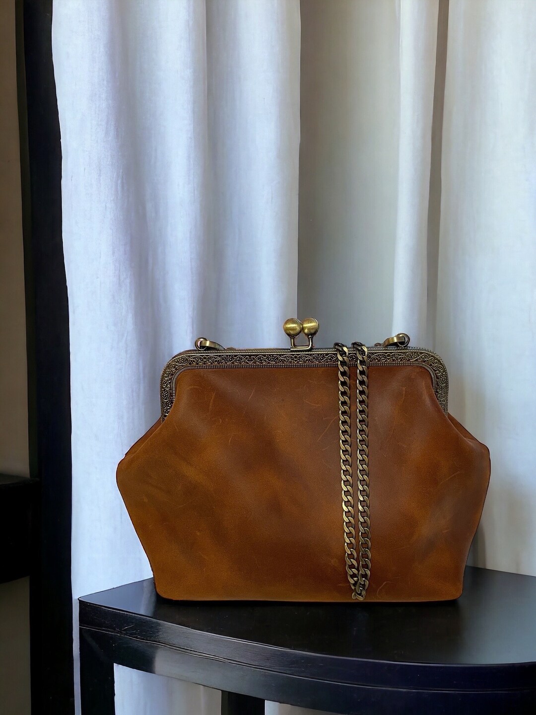 HANDMADE Leather Brown / Cognac Handbag "vintage" | Kiss Lock Frame Bag ...
