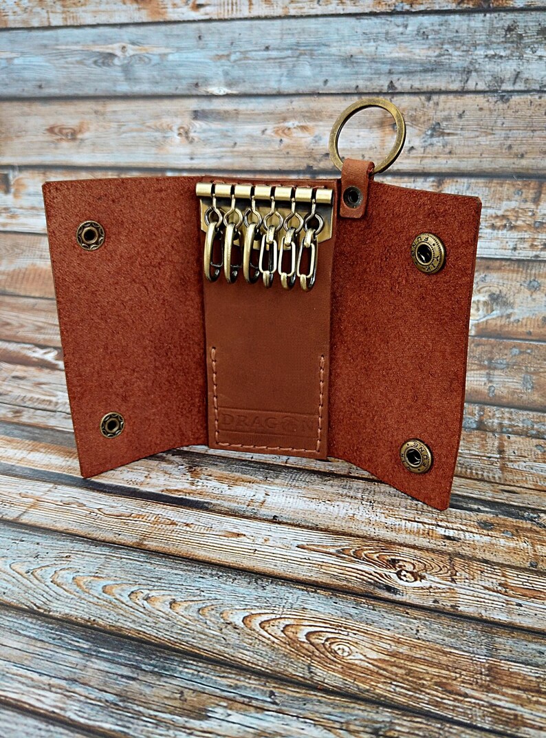 HANDMADE Cognac Leather Key Holder With Secret Pocket for RFID Key Fob ...