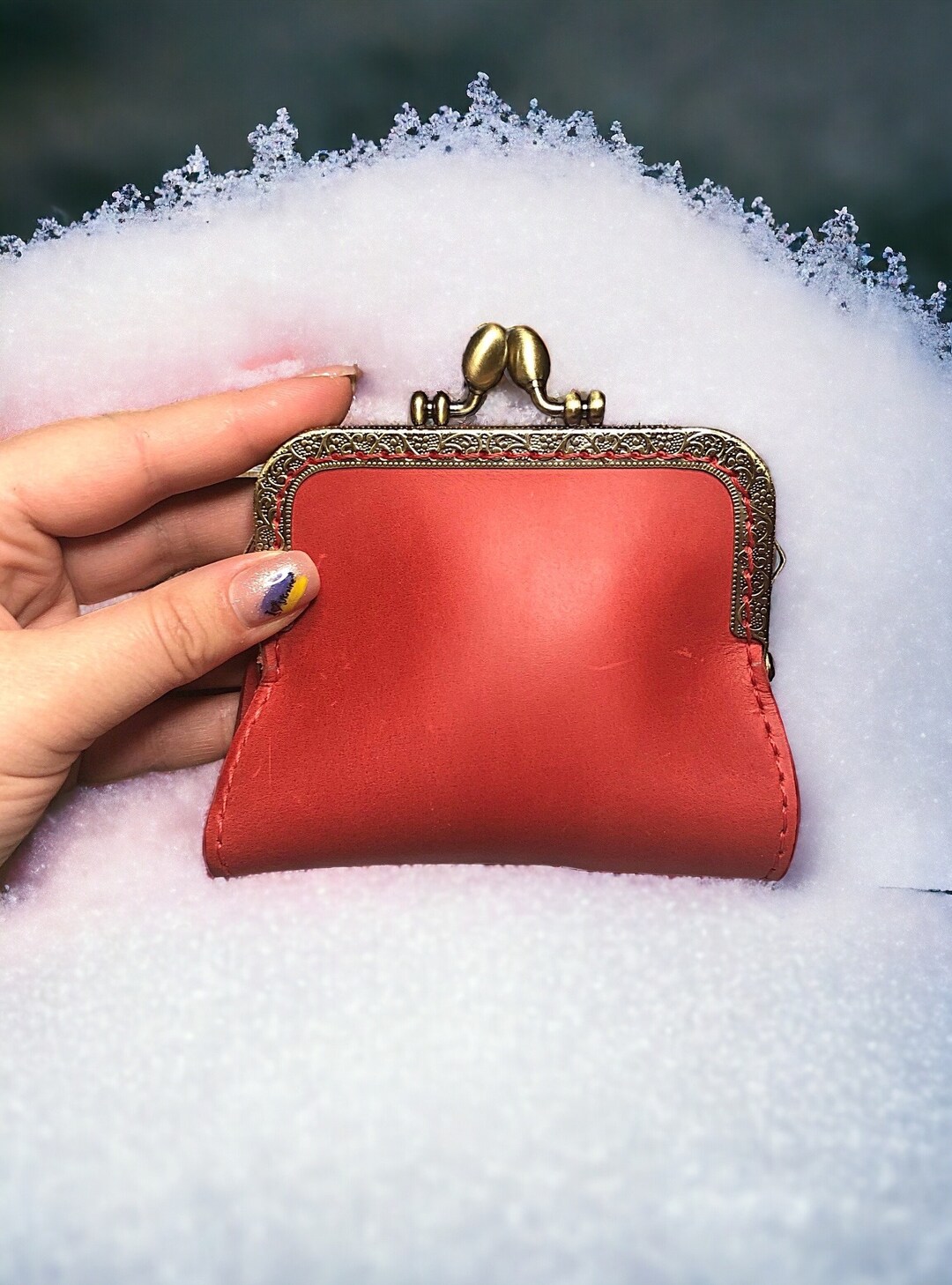 HANDMADE Small Leather Red Kiss Lock Wallet | Vintage Style Coin Purse ...