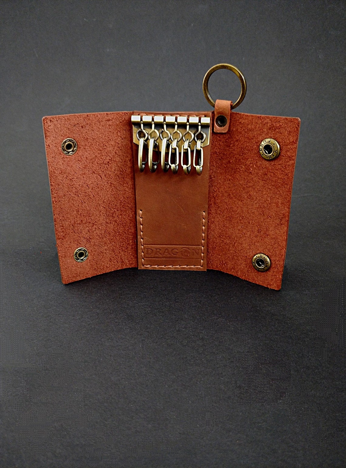HANDMADE Cognac Leather Key Holder With Secret Pocket for RFID Key Fob ...